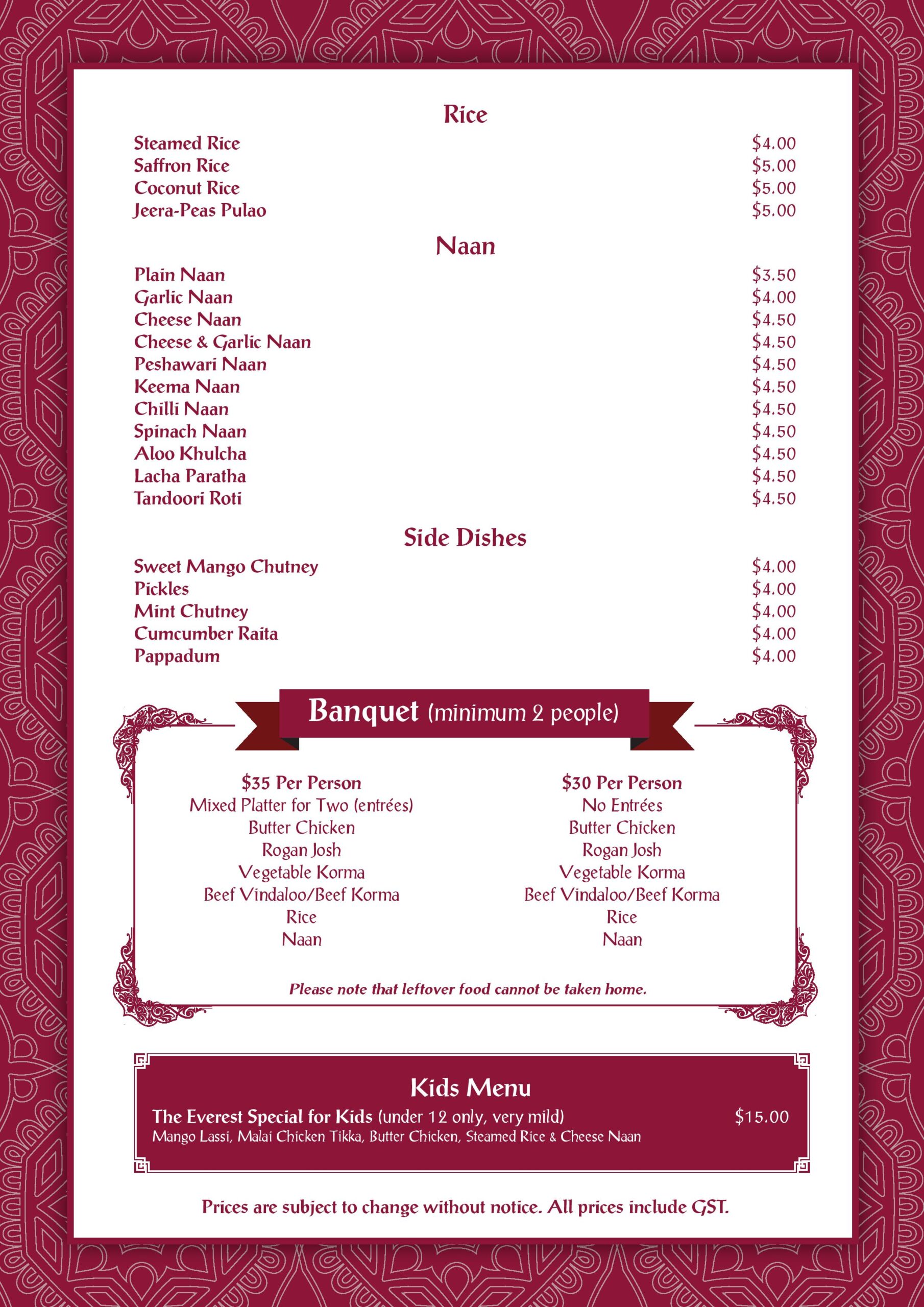Dine in Menu | Everest Spice & Curry House